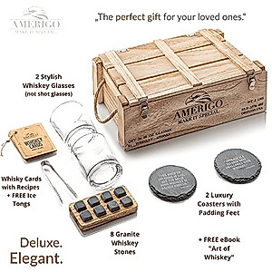 𝗕𝗘𝗦𝗧 𝗚𝗜𝗙𝗧: Gifts for Men Dad - Whiskey Glasses Set of 2 - Crystal Rocks Glass with 6 Stainless Steel Chilling Stones - Bourbon Glasses Gift Set - Old Fashioned Lowball Heavy Scotch Glasses