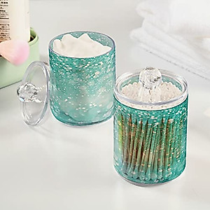 Turquoise Aqua Glitter Qtip Holder Dispenser Teal Cyan Water Bathroom Canister Storage Organization 4 Pack Clear Plastic Apothecary Jars with Lids Vanity Makeup Organizer For Cotton Ball Swab Floss