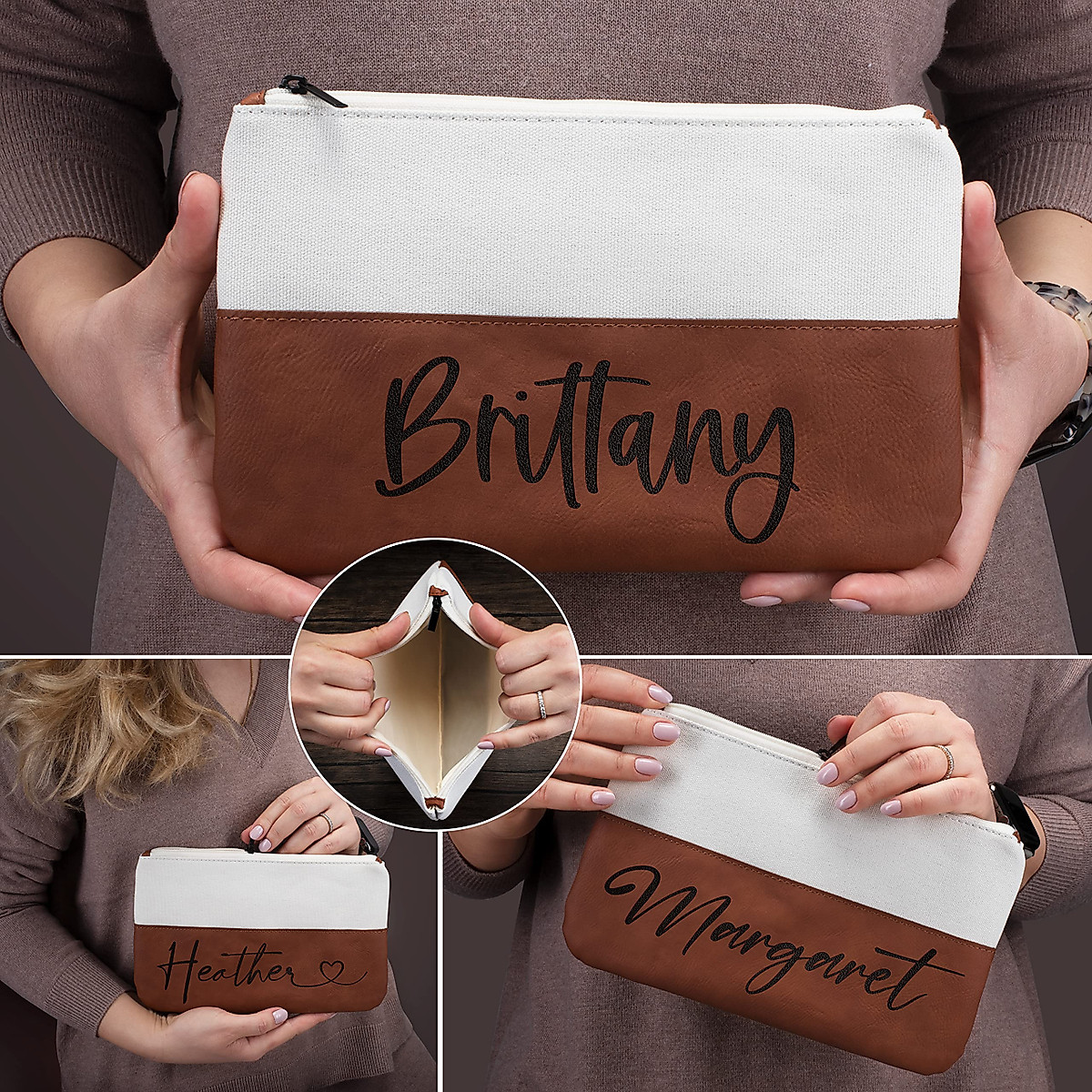 Personalized Makeup Bag w/Name - Vegan Leather & Canvas - 7 Fonts, Bridesmaid Proposal Gifts, Custom Cosmetics Bag, Lightweight & Portable Makeup Pouch for Travelling, Gifts for Women, Mom - Rose