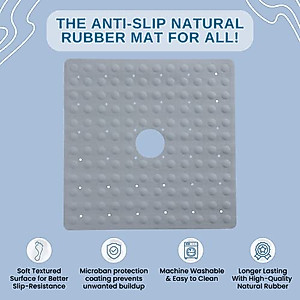 SlipX Solutions Microban-Infused Rubber Shower Mat, 21" x 21" | Anti-Slip Square Bath Mat w/ 140 Power Grip Suction Cups | Gray