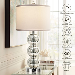 Set of 2 Table Lamps for Living Room Glass Triple-Sphere 27" Tall Table Lamp Contemporary Bedside Desk Nightstand Lamp for Bedroom Living Room Office, Mercury Silver/Chrome