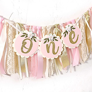 Pink Golden Floral High Chair Banner - Rose 1st Birthday Highchair Banner, Girls’ 1st Birthday Decoration, Pink First Birthday Decor, One High Chair Banner, 1st Birthday Party Decorations for Girls,