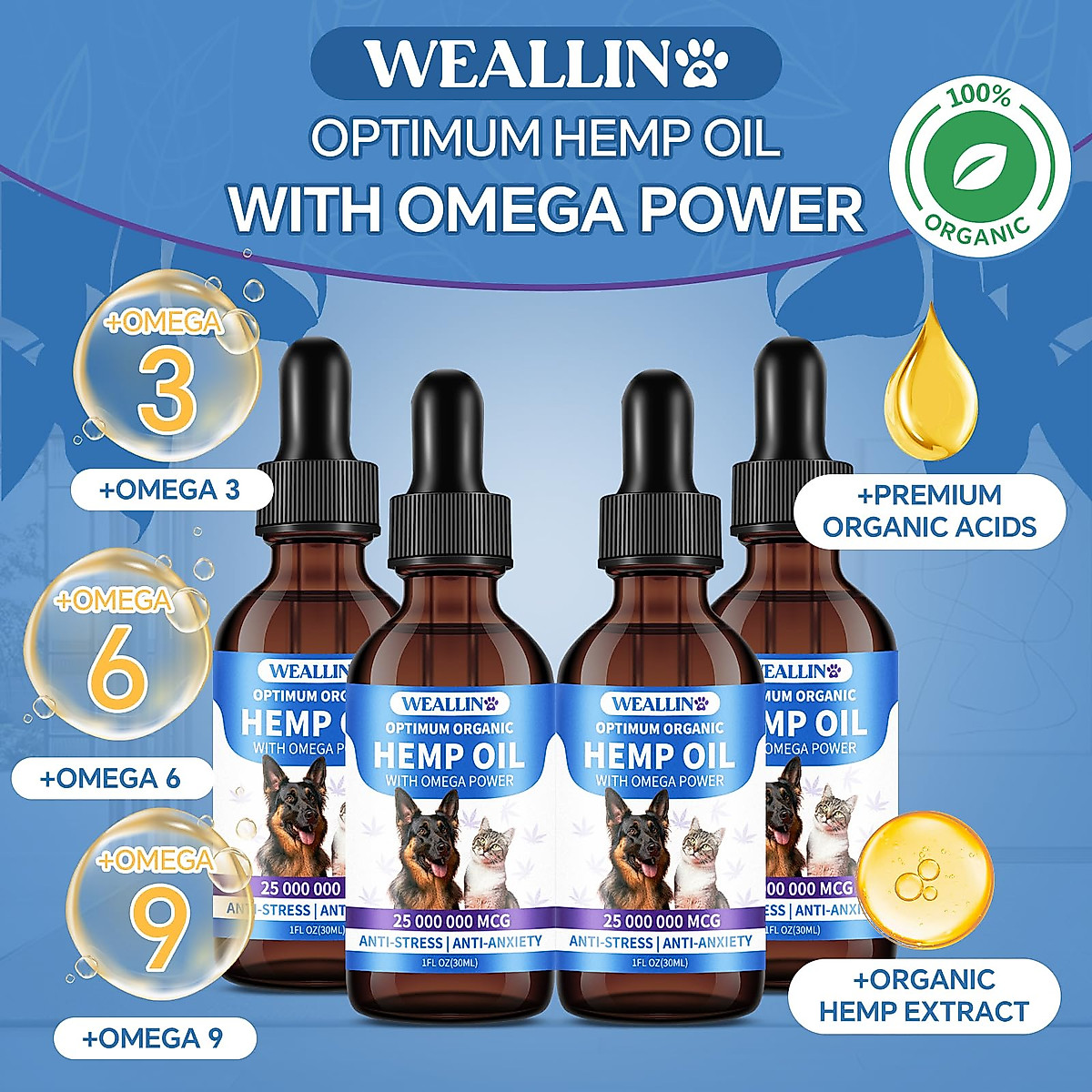 WEALLIN Hemp Oil for Dogs and Cats - Omega-3, 6, 9 Rich Organic Extract - Eases Pet Anxiety, Pain, Skin & Coat Health - Stress Relief, Hip & Joint Support - Calming Treats (4 Pack)