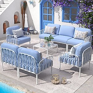 UDPATIO Resin Oversized Patio Furniture Set, Modular DIY Outdoor Sectional Sofa Set, All Weather UV Patio Conversation Set with 5.4'' Thick Cushion for Backyard, Deck, 8pcs Blue White