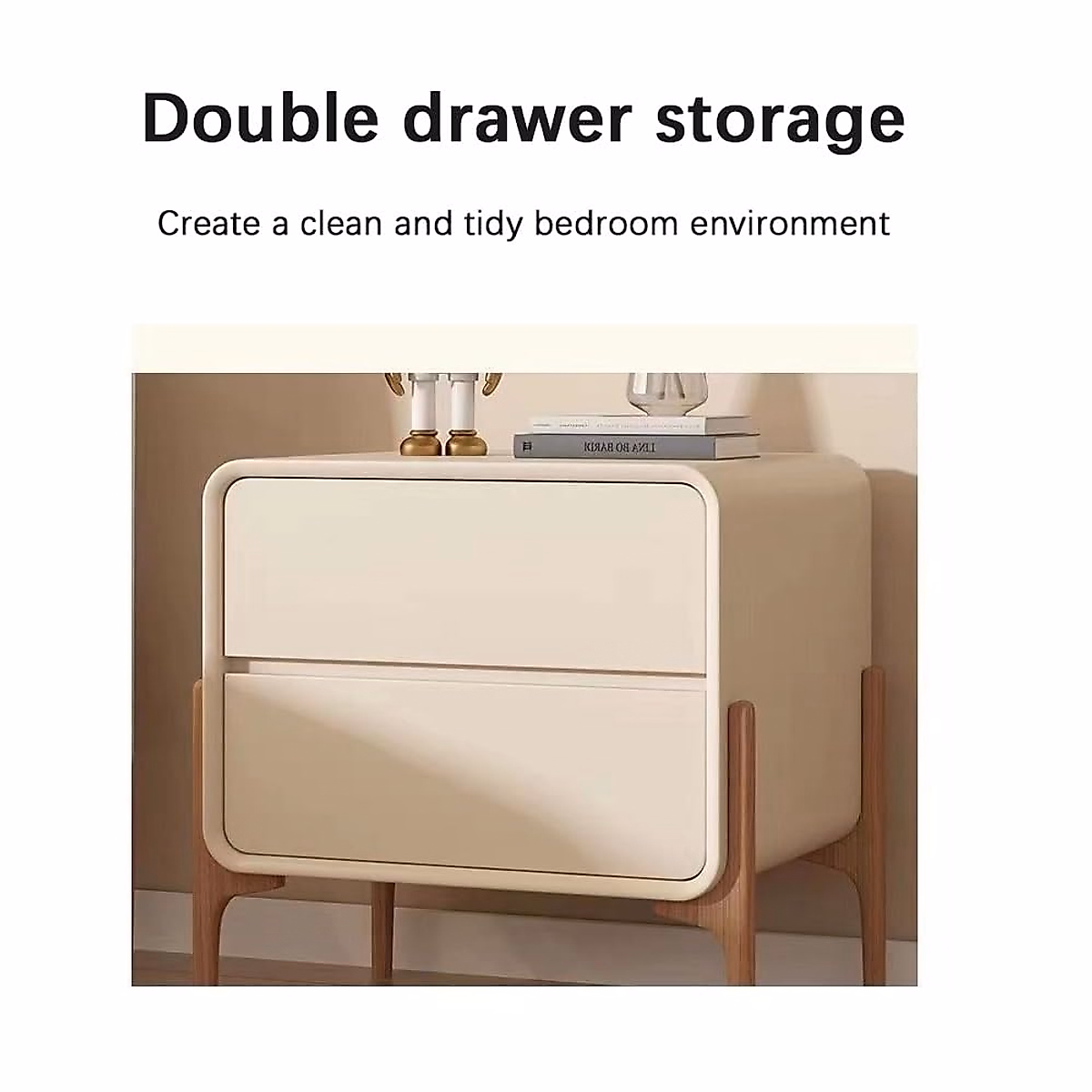 YWSXHS Modern Nightstand with 2 Drawers, Accent Bed Side Table with High Legs, Wooden Bedside Table, Bdeside Table, End Table, for Living Room, Small Space (Color : Cream White, Size : 45cm/17.7in)