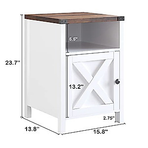 Catrimown Farmhouse End Table, Set of 2, Rustic Night Stand with Barn Door and Storage Shelf, White End Table Side Table for Bedroom Living Room, White