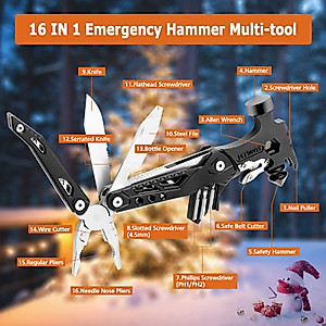 16 in 1 Multitool Hammer, 21 Tools Camping Accessories, Portable Survival Gear with Durable Sheath, 5-in-1 Function with Fire Starter, Gifts for Men