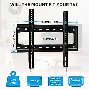 HOME VISION TV Wall Mount Fixed, Low Profile TV Mount, Wall Mount TV Bracket for Most 26-55 inch TVs with Max VESA 400X400mm up to 99lbs Fits 16'' Wood Studs, Quick Release Lock