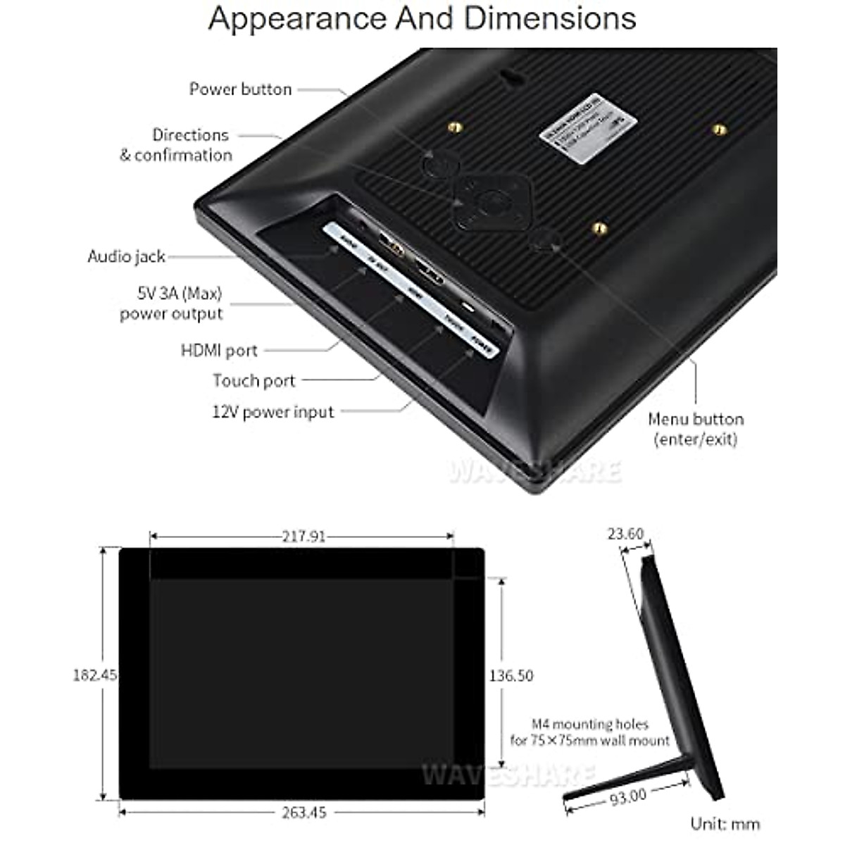 waveshare 10.1inch HD Capacitive Touch Screen LCD Compatible with Raspberry Pi 4B/3B+/3A+/2B/B+/A+/Zero/Zero W/WH/Zero 2W CM3+/4 1920×1200 Resolution HDMI IPS Supports Windows/Jetson Nano