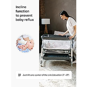 Earth&ME Baby Bassinet Bedside Sleeper with Rocking - All Mesh Portable Bedside Crib for Safe Co-Sleeping, Storage Basket and Wheels, Adjustable Height, Includes Travel Bag, Mosquito Net