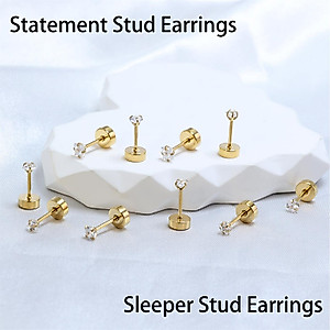 Flat Back Earrings for Women Hypoallergenic: 5 Pairs 14K Gold Tiny Stud Earrings in Stainless Steel Lightweight Round Star Square Heart Triangle Cubic Zirconia Earrings Studs for Lobe, Cartilage, Helix (14K Gold Plated)