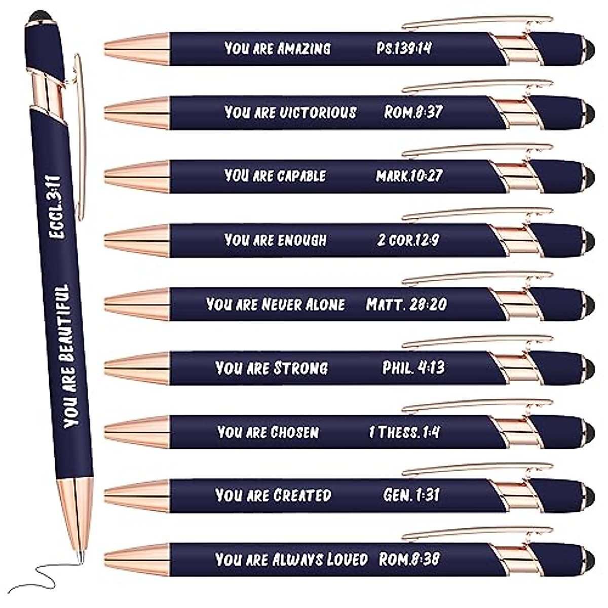 Ctosree 10 Pcs Inspirational Pens Motivational Ballpoint Pens with Stylus Tip Funny Ink Pens Metal Office Appreciation Gifts for Employee Coworkers Office Supplies, 10 Styles (Dark Blue)