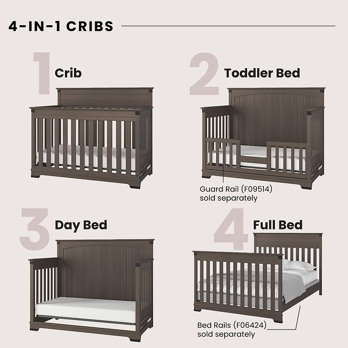 Child Craft Redmond 4-in-1 Convertible Crib, Baby Crib Converts to Day Bed, Toddler Bed and Full Size Bed, 3 Adjustable Mattress Positions, Non-Toxic, Baby Safe Finish (Dapper Gray)