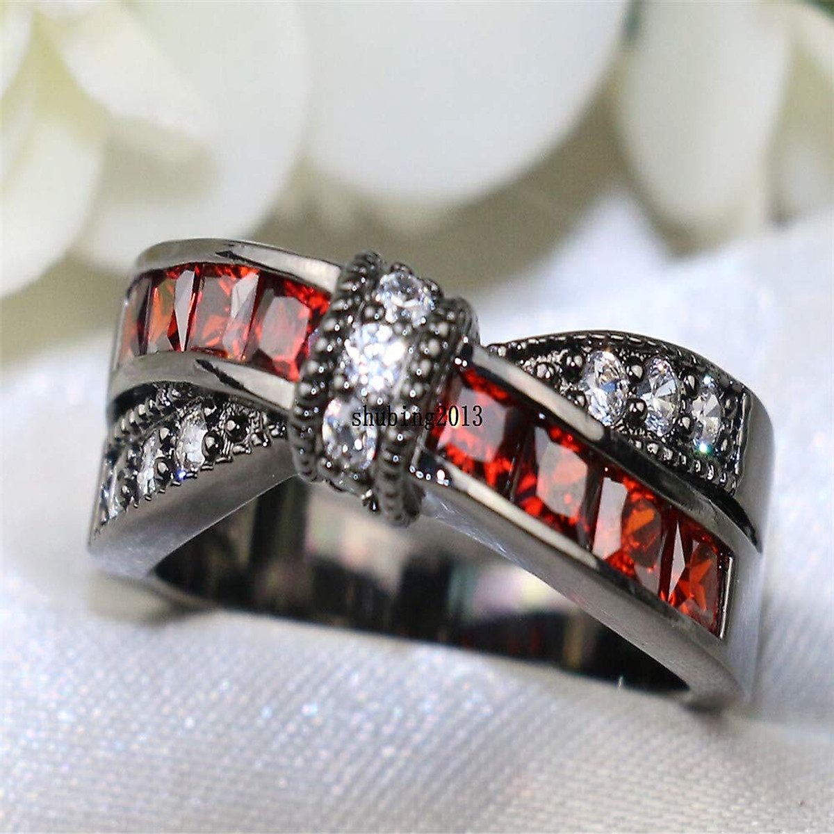 LOVERSRING Two Rings His and Hers Couple Ring Bridal Set His Hers Women Black Gold Filled Red Cz Man Tungsten Carbide Wedding Ring Band Set