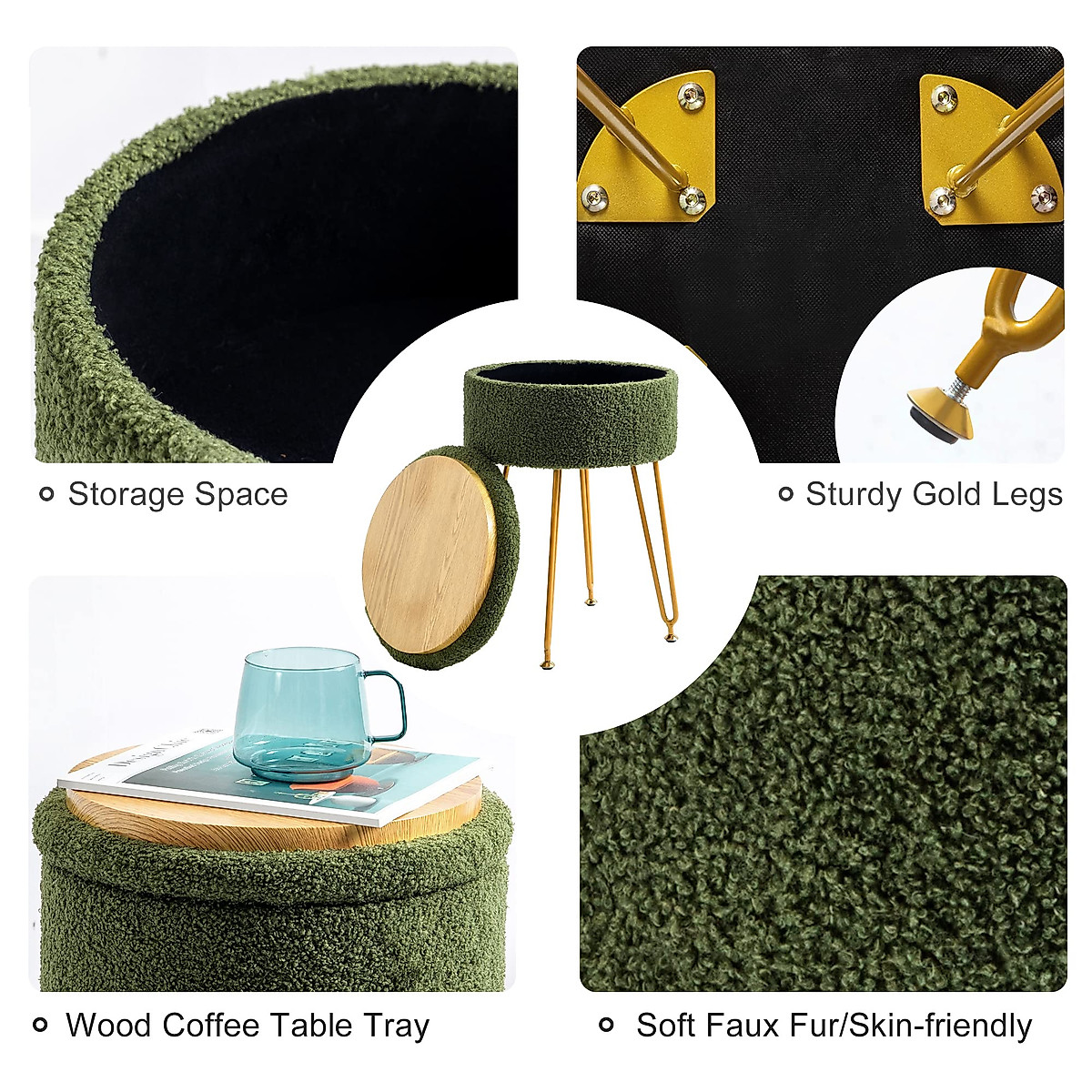 Round Storage Ottoman Foot Rest, Green Ottoman Faux Teddy Fur Vanity Stool with Gold Legs, Coffee Table Top Tray, Modern Ottoman with Storage, Makeup Footstool Vanity Chair for Living Room, Bedroom