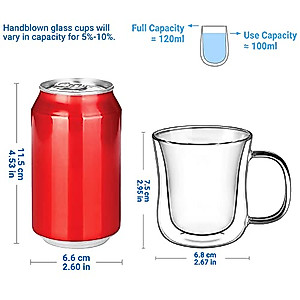 ecooe Espresso Cups 4 Oz Double Walled Glasses Coffee Mugs Set of 2, Clear Glass Coffee Cups with Handle, Insulated Coffee Mug Borosilicate Heat Resistant Double Wall Glass Espresso Coffee Cups