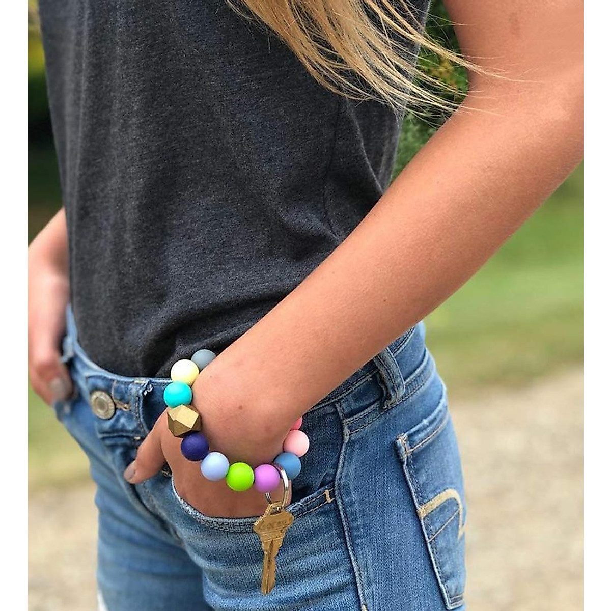 NVENF Silicone Bead Keychain Bracelet Large Keyring Elastic House Car Key Ring Wristlet Bangles(Rainbow)