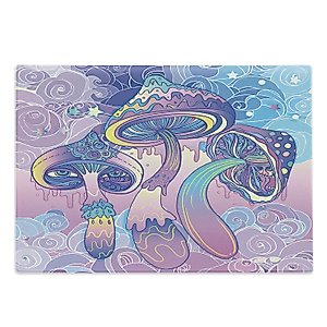 Lunarable Mushroom Cutting Board, Trippy Drawing Hippie Design Sixties Visionary Psychedelic Shamanic, Decorative Tempered Glass Cutting and Serving Board, Large Size, Aqua Pale Pink Purple