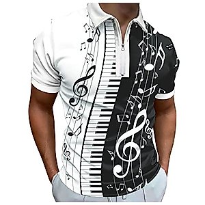 Aipengry Vintage Polo Shirts for Men Summer Musical Note Print Sport Golf Shirt Holiday Beach Lapel Zipper Short Sleeve Shirt Black