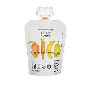 White Leaf Provisions Biodynamic & Organic Baby Food Pouches - USDA, GMO & BPA Free Squeezable Toddler Snacks - 24 x 90 grams (24 Pouches, Mango + Carrot + Banana + Pear)