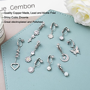 REVOLIA 10Pcs Fake Belly Button Rings for Women Dangle Navel Rings CZ Clip On Belly Rings Set Fake Belly Piercing Jewelry Silver-tone