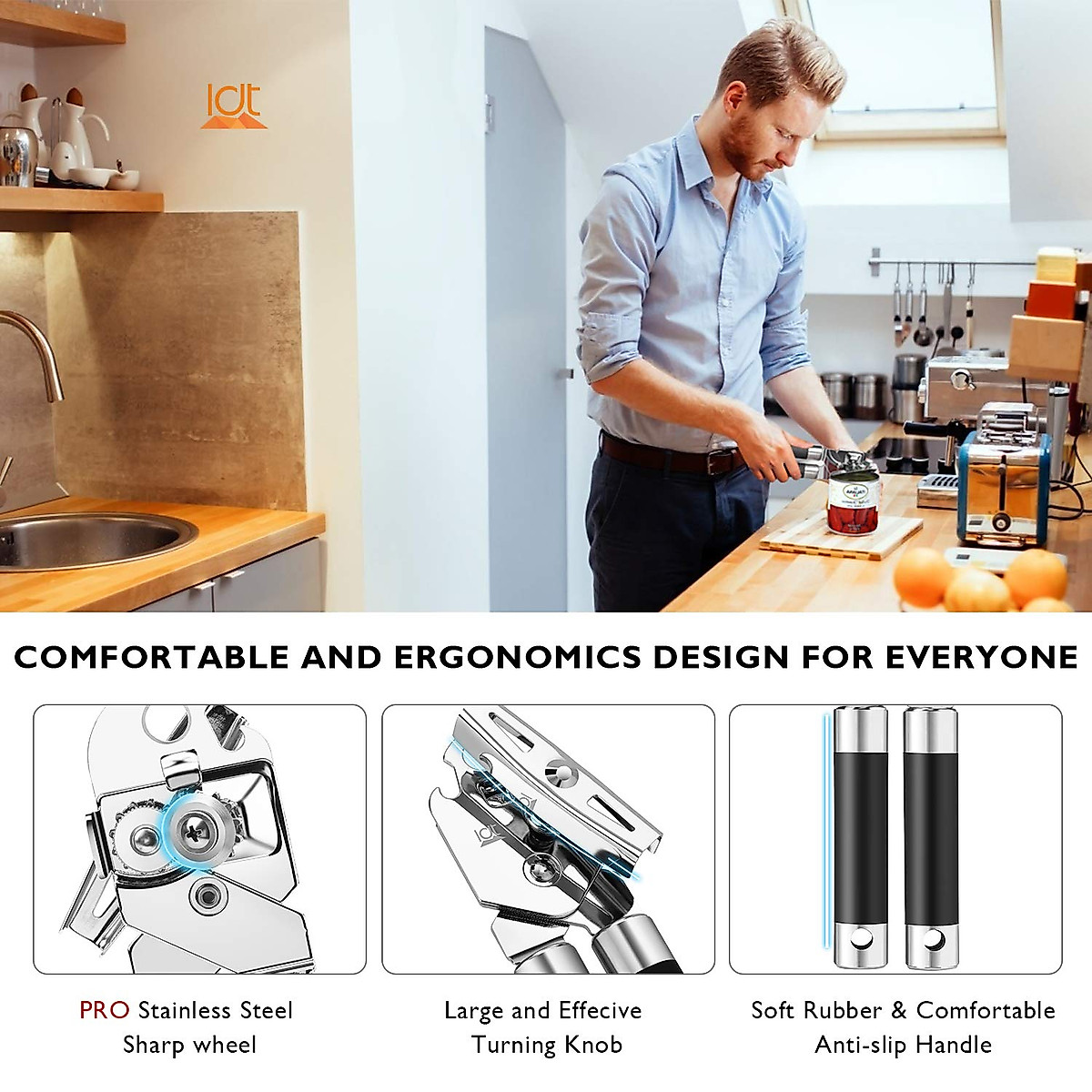 LDIRECTOR Can Opener, Manual Can Opener Smooth Edge, 3-in-1 Stainless Steel Can Opener Manual, Ergonomic Safety Can Opener for Seniors with Arthritis,Black, Silver