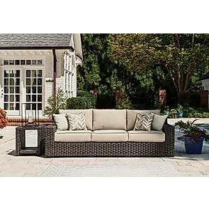 Signature Design by Ashley Coastline Bay Casual Weather Resistant Outdoor Sofa with Cushion and 4 Throw Pillows, Beige & Dark Brown