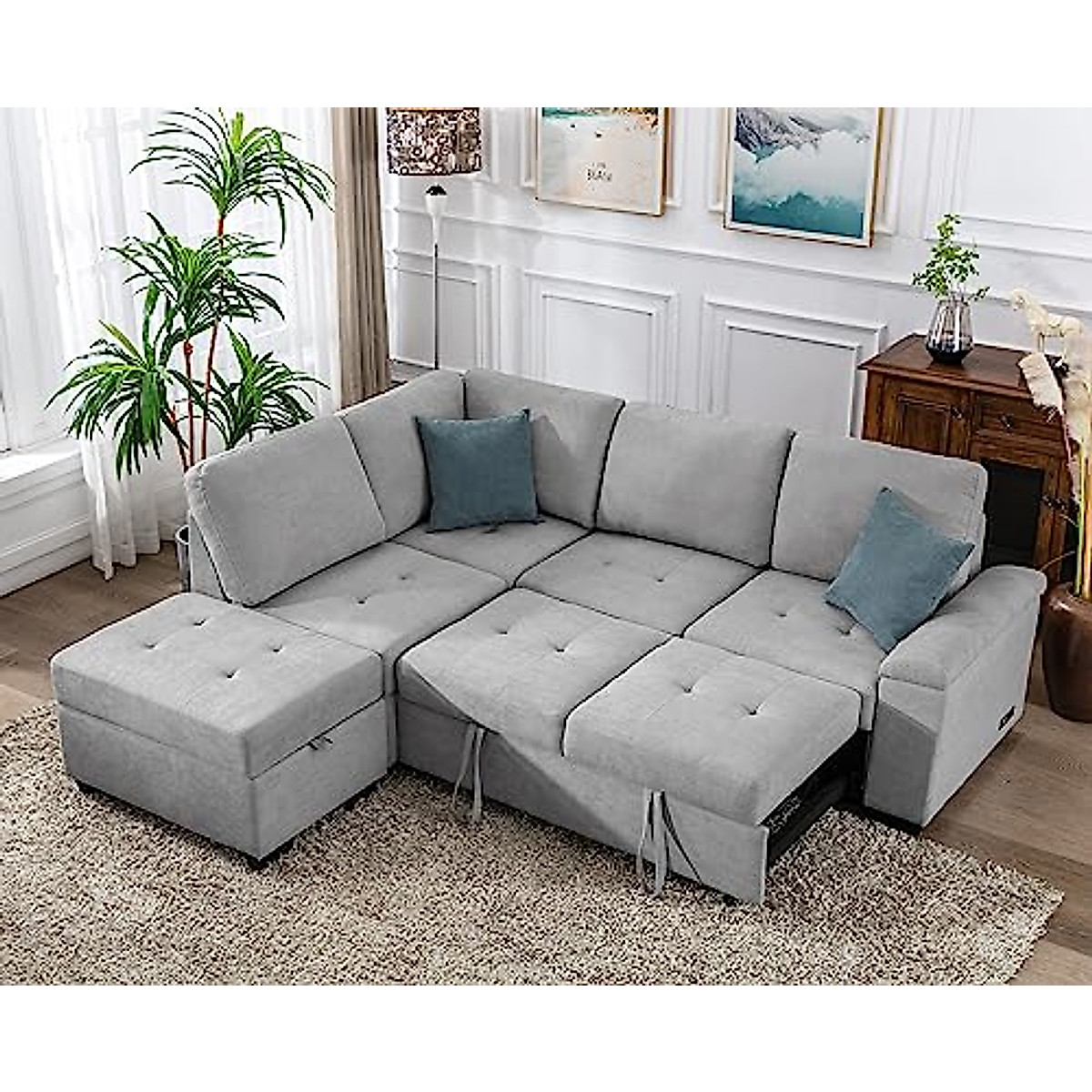Merax Sofa Bed Sleeper Couch L Shaped Sofa with Storage Ottoman, L-Shape Sectional Couch with Comfortable backrest for Living Room and Small Apartment (Gray)