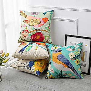 Artscope Set of 4 Decorative Throw Pillow Covers 18x18 Inches, Retro Flowers and Birds Waterproof Cushion Covers, Perfect to Outdoor Patio Garden Living Room Sofa Farmhouse Decor