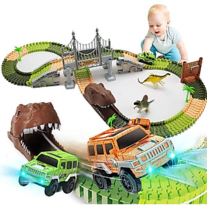 EagleStone 194 Pcs Dinosaur Race Car Tracks Set for Kids,Flexible Train Tracks to Create A Dino World Road with Bridge,2 Electric Cars with LED Light,Best Gift for Toddlers Boys and Girls