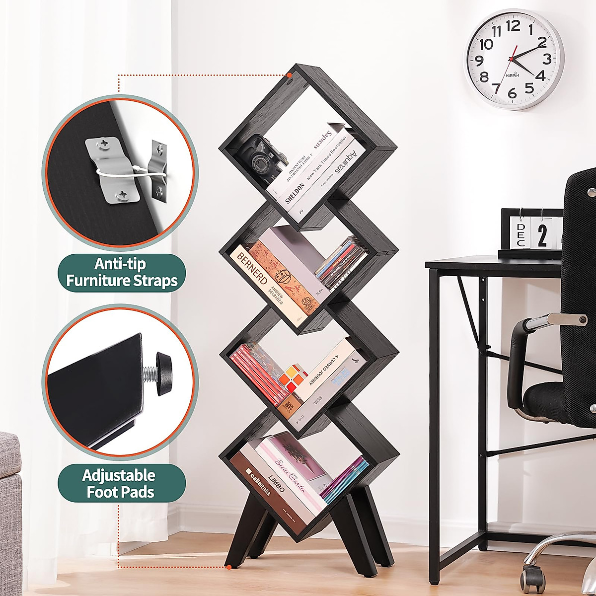 Yoobure Black Bookshelf - Small Book Shelf, 4-Tier Tall Bookcases Book Organizer, Industrial Bookshelves Floor Standing for CDs/Books in Small Spaces, Bedroom, Living Room, Home Office