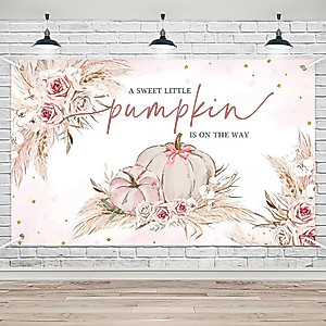 Lofaris Pumpkin Baby Shower Banner for Girl - 'A Little Pumpkin is On Her Way,' Boho Fall Pink Floral Backdrop with Autumn Pumpkin and Pampas Grass, 70.8x43.3 Inch Party Decorations