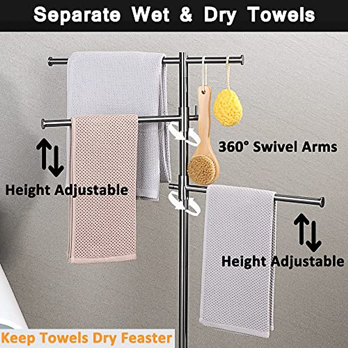 Sayayo Freestanding Towel Rack for Bathroom, 39 Inch Towel Holder for Bathroom Towel Stand Floor with 3 Adjustable Towel Bar, Gunmetal 