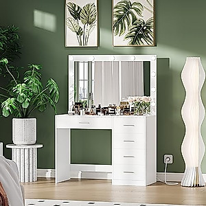 Keehusux Vanity Table with Large Mirror and 3 Color Adjustable Lights, Bedroom Makeup Vanity with Charging Station, Makeup Dressing Table with 5 Drawers for Women, Wife, White KES002WSZT