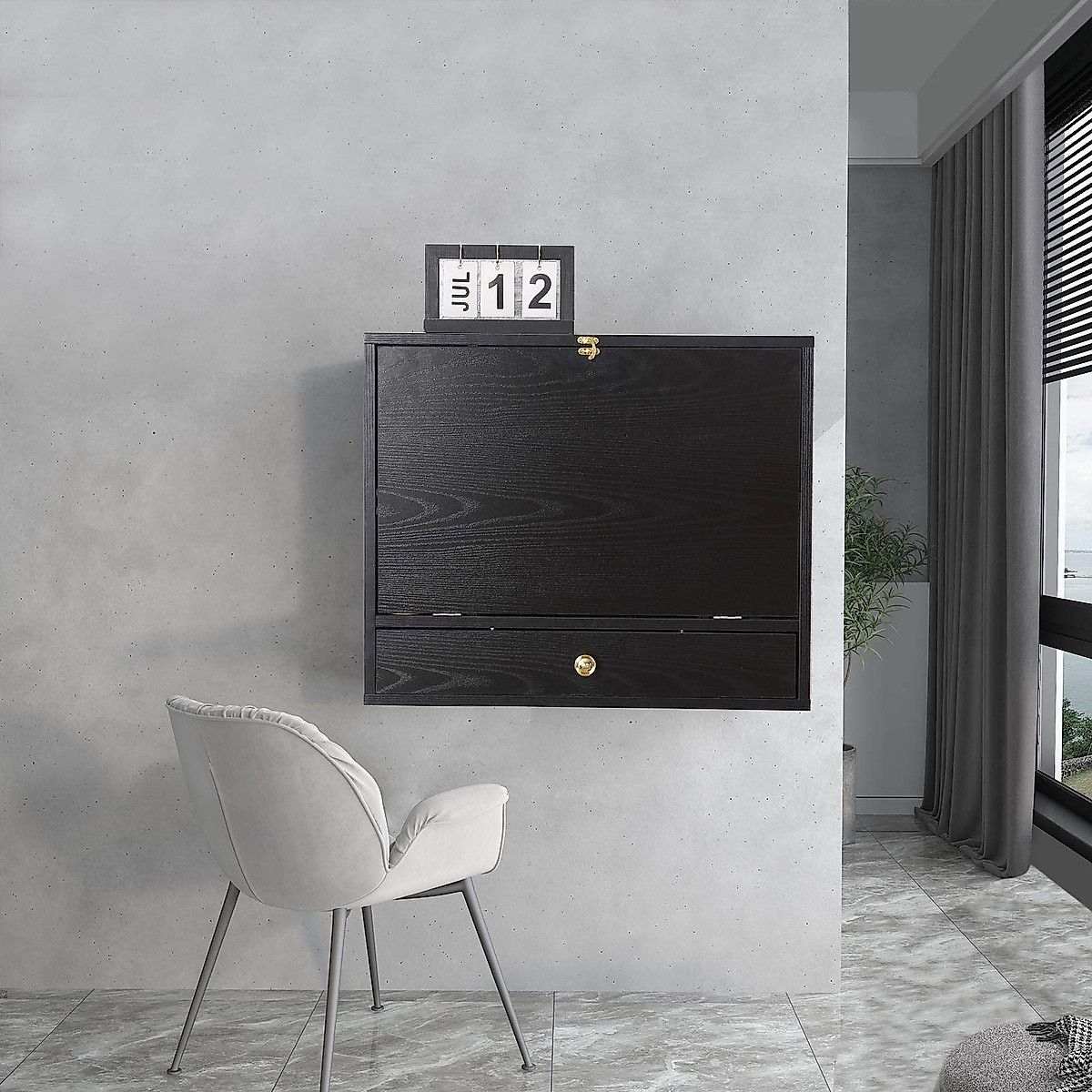 Wall Mounted Table, Folding Laptop Desk Wall-Mount Writing Desk with Storage Shelves & Drawer, Wall Mounted Desk for Home, Office, Small Spaces(Black)