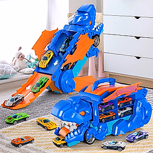 iHaHa Toddler Truck Toys for 3 4 5 6 Years Old Boys, Toys Cars Track Set Dinosaur Transporter Truck with 10 Die-Cast Car Toys, Transforms into Dino, Toddler Car Toys Set for Kids Boys Girls