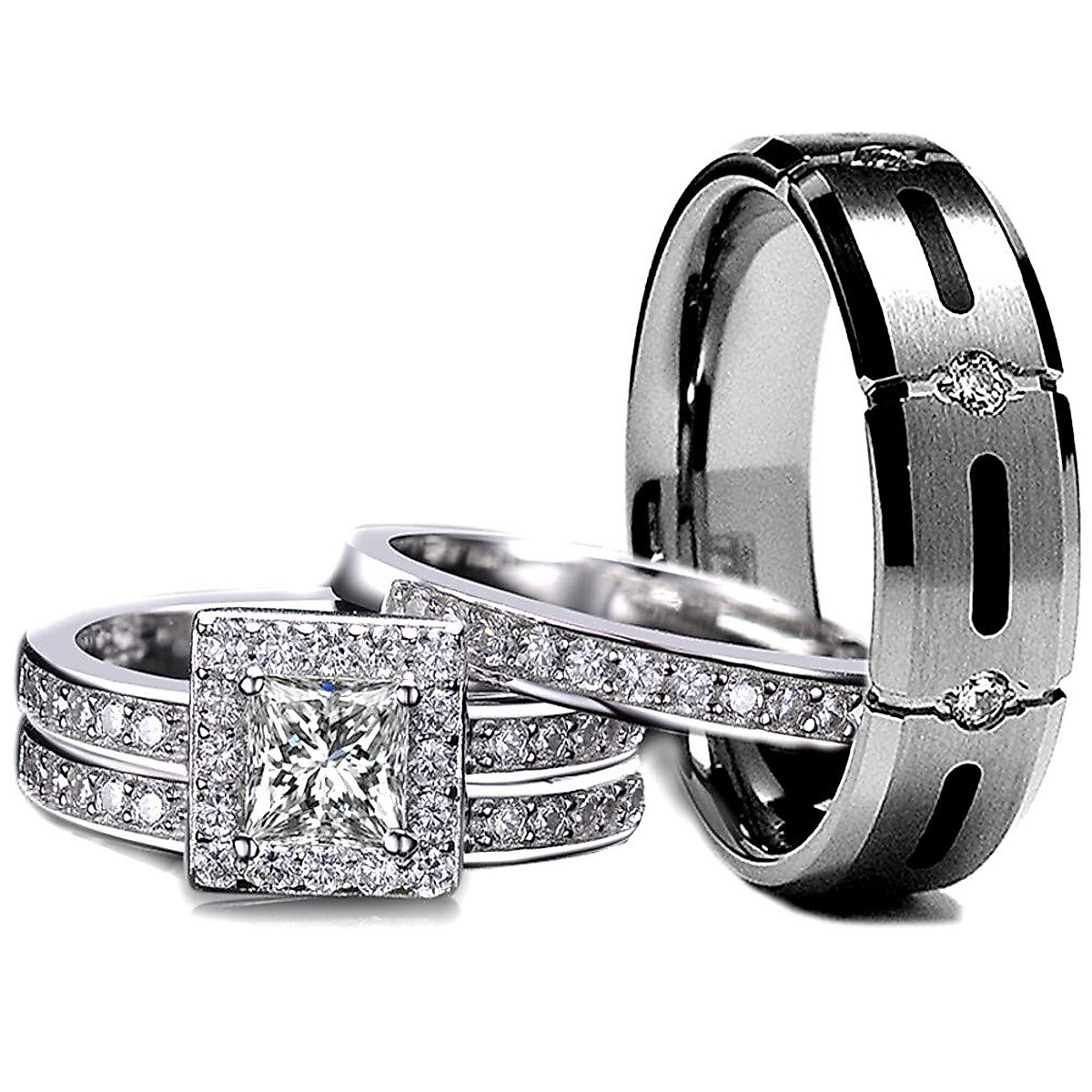 4 pc His and Her Wedding Ring Set - Wedding Rings - Wedding Ring - Engagement Ring - Cubic Zirconia Wedding Sets - CZ Engagement Rings - Wedding Ring Sets (Size His 08, Hers 09)