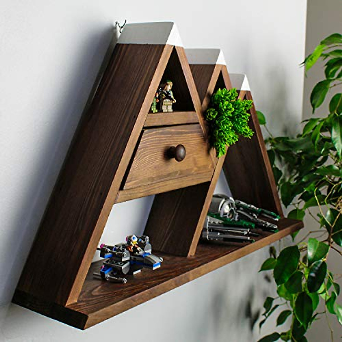 Rustic Curiosities Large Mountain Shelf - 20X12X4.5 Inch Crystal Shelf for Succulents, Plants, Essential Oils, Includes Pull Out Drawer, Extra Wide Base Crystal Holder (Brown)