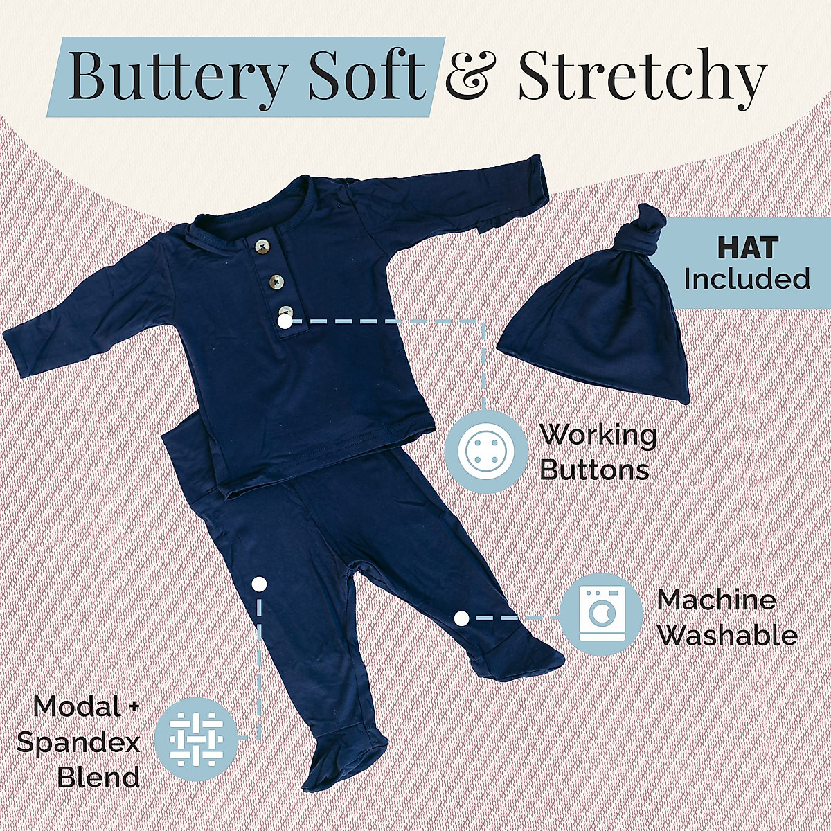 Stroller Society Newborn Baby Take Home Outfit and Hat Set, Cozy Gender Neutral Baby Clothes, Comfy Newborn Outfit for Boys and Girls, Stylish Newborn Clothes, 0 to 3 months old, Navy Blue