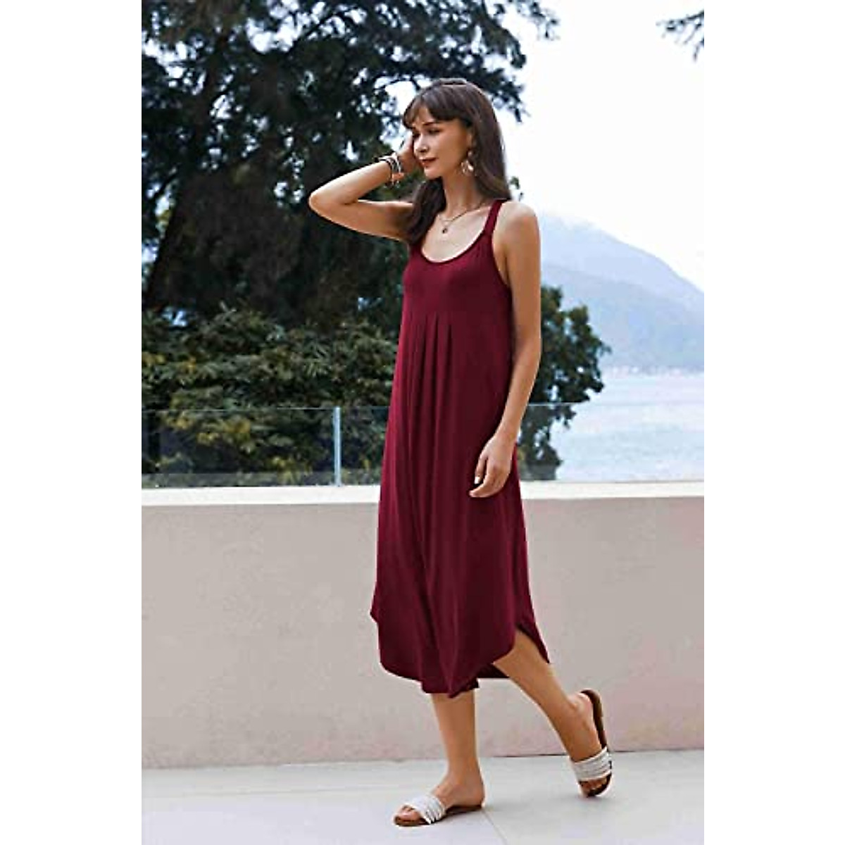 Ekouaer Nightgowns for Women Night Shirt Sleeveless Sleepwear Sleep Dress Cotton Sleepshirt (Wine Red XL)
