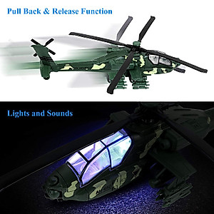 HAPTIME Military Helicopter Toy with Lights and Sounds, Pull Back Army Plane Airplane for Kids Children Boys Girls 11.2 inch (Green)