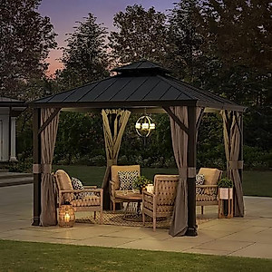 Sunjoy 10 ft. x 10 ft. Hardtop Gazebo, Outdoor Aluminum Frame, 2-Tier Steel Hardtop Backyard Gazebo with Netting, Curtain and Ceiling Hook by SummerCove