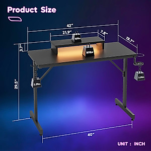 Bestier Small Gaming Desk with Monitor Stand, 42 inch LED Computer Desk, Gamer Workstation with Cup Holder & Headset Hooks, Modern Simple Style Desk for Home Office, Carbon Fiber Black