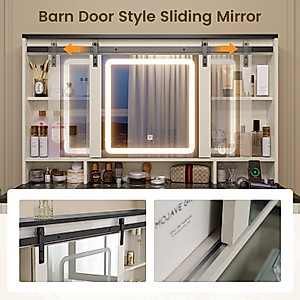 HAUOMS Farmhouse Makeup Vanity Desk with Sliding Lighted Mirror, Glass Top Vanity Desk with Power Outlet, Rustic Vanity Set, Antique White