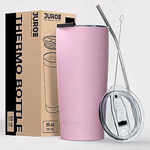 JURO Tumbler 20 oz Stainless Steel Vacuum Insulated Tumblers w/Lids and Straw [Travel Mug] Double Wall Water Coffee Cup for Home, Office, Kitchen Outdoor ideal for Ice Drinks/Hot Beverage - Pink