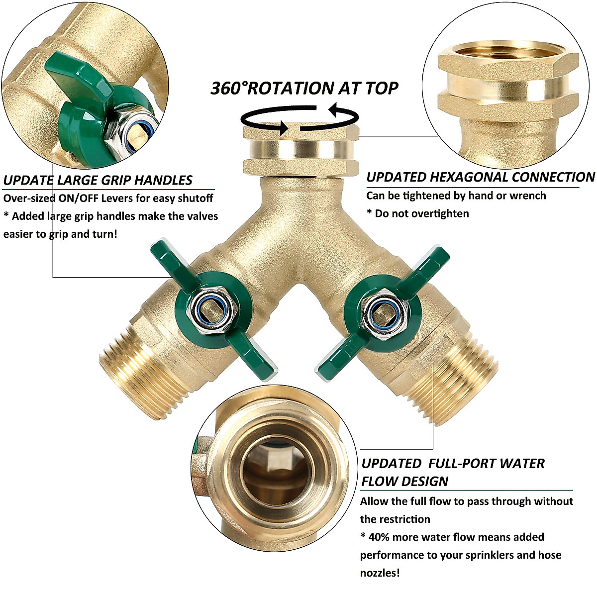 STYDDI Garden Hose Splitter Full Flow, Brass Heavy Duty Hose Splitter 2-Way High Flow, All Metal Hose Y Splitter with Shutoff, Outdoor Faucet Splitter Hose Connector, Water Hose Y Valve Tap Adapter