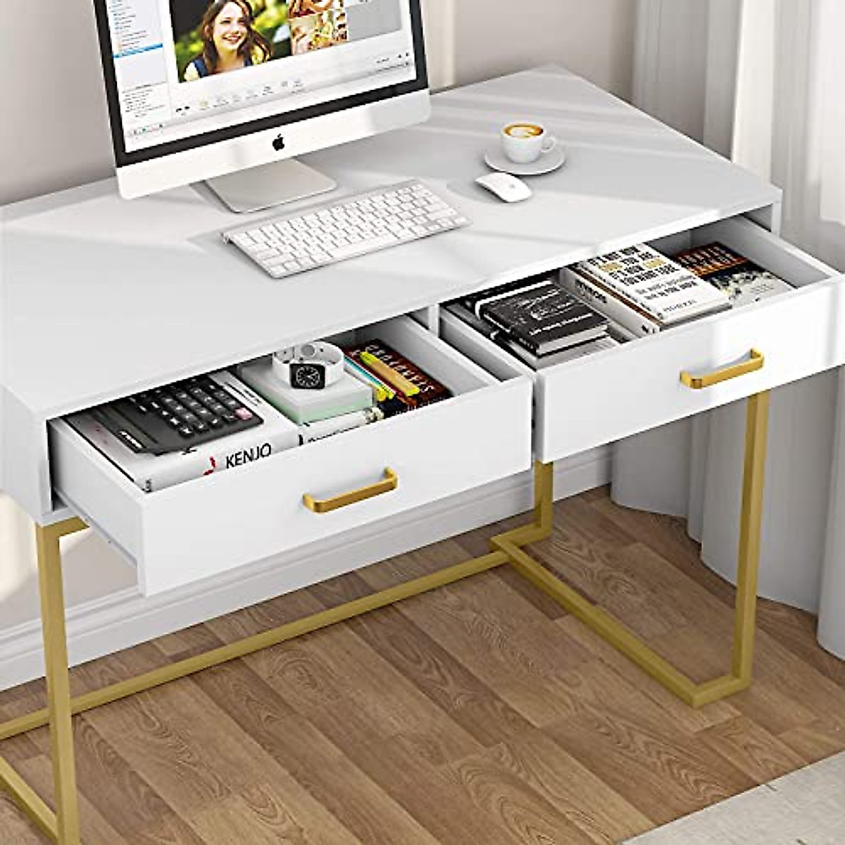 Tribesigns White and Gold Desk with 2 Drawers, White Writing Desk, 40 Inches Computer Desk, Simple and Modern Desk
