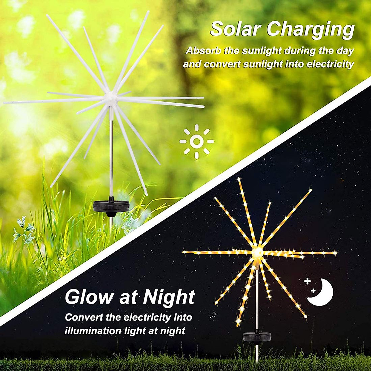 2 Pack Outdoor Home Decor Solar Powered Flowers Firework Lights with Remote Waterproof DIY 14 Copper Wire Dimmable Auto ON-Off 112 LED Lights for Garden Patio Yard Pathway Lawn Party (2, Warm White)