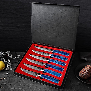XT XITUO Serrated Steak Knife Set - 6pcs Premium 4.5 inch Kitchen Cutting Steak Knives, German Stainless Steel KnifeTable Dinner Knife with Blue Resin Handle for Home Restaurant, Gift Box