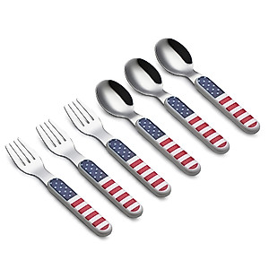 Annova Kids Silverware 6 Pieces Stainless Steel Children's Flatware Set 3 x Forks, 3 x Dinner Spoon Plastic Handle, Toddler Utensils Without Knives, for Babies, Infants BPA Free (US Flag)